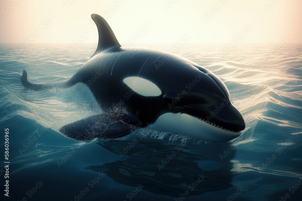 orca gracefully swimming in the golden-hued ocean at sunset created ...