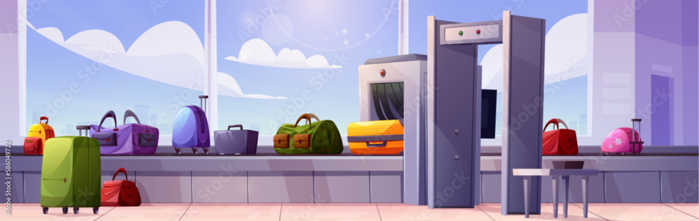 Baggage belt with suitcases and bags passing security control at ...