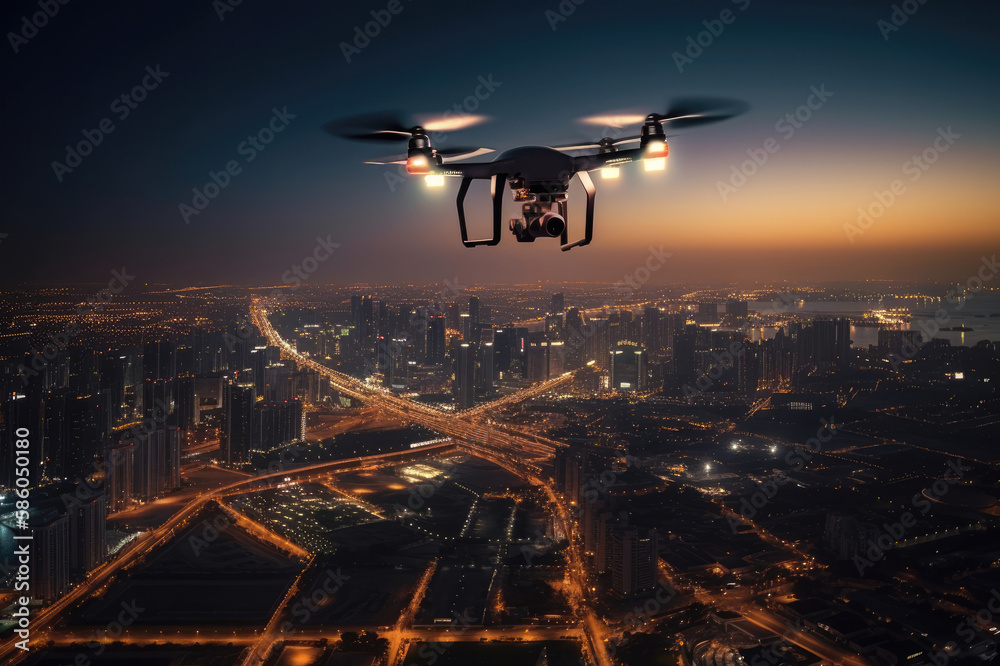 flying drone high above a big city at dusk created with Generative AI ...