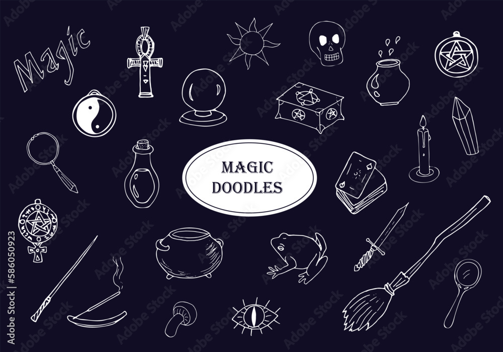 Hand drawn magic doodles, iolated on drak background, great design for ...