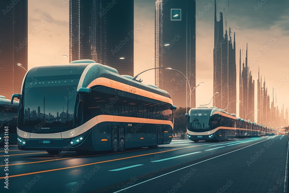 autonomous city transport system, with lines of self-driving cars and ...