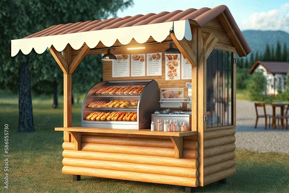 outdoor food stand with delicious grilled sausage and chicken in fast ...