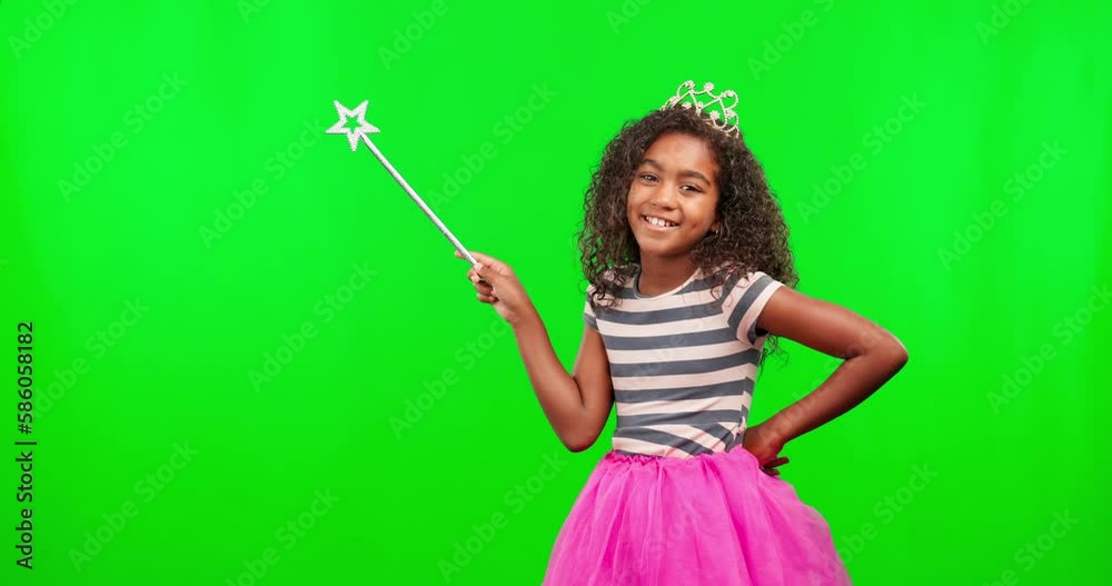 Child At Costume Party With Wand Crown And Green Screen And Magic child-at-costume-party-with-wand-crown-and-green-screen-and-magic