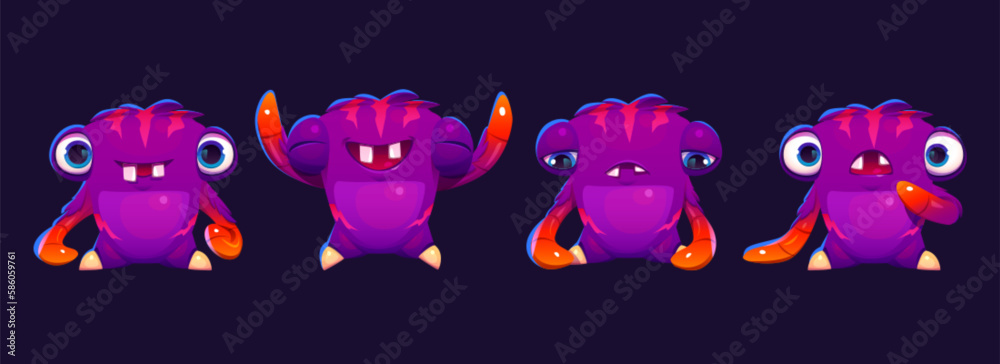 Cute cartoon monster face emotions vector set. Funny alien character ...
