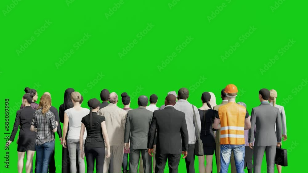 closeup back view 3D crowd animation on green screen background chroma ...