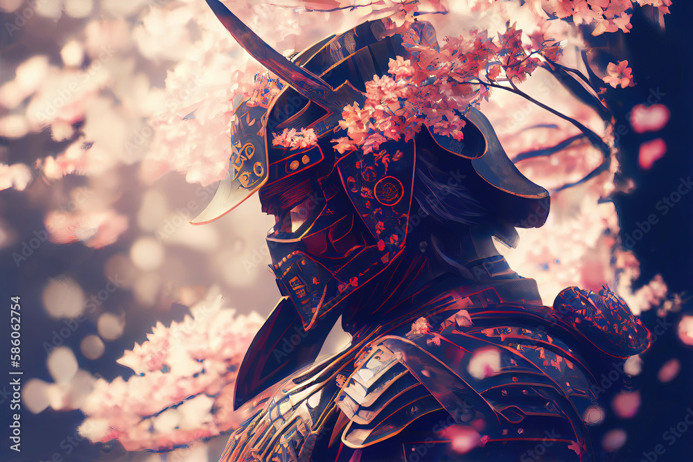 Japanese cherry blossom with ancient samurai warrior (Generative AI ...
