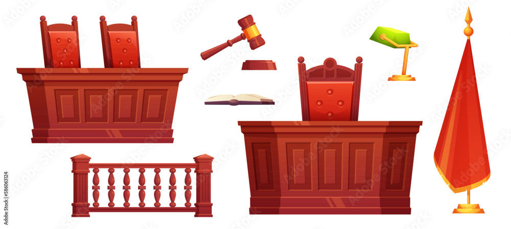 Cartoon court room interior vector set. Trial hall inside furniture ...