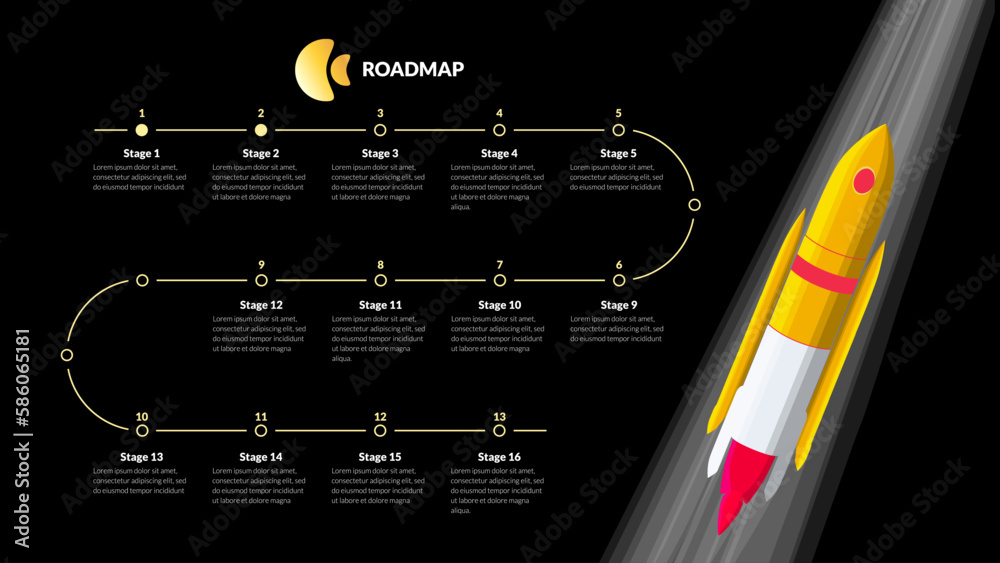 Roadmap with milestones on golden winding line and flying rocket on ...