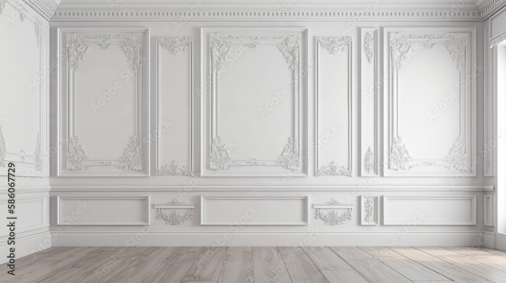 elegant empty room interior, white wall with classic style mouldings ...