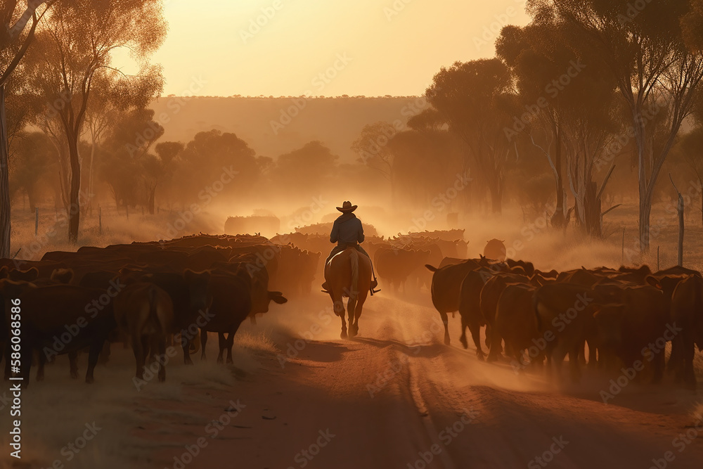 Australian outback landscape with man on horse herding cattle along a ...