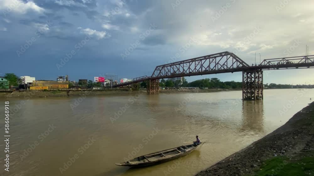 Bridge that crosses the Surma river in Sylhet, Bangladesh while a ...