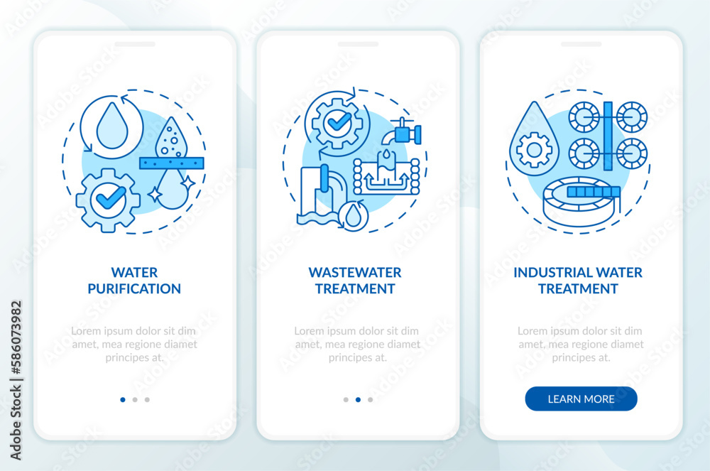 Water treatment blue onboarding mobile app screen. Purification ...