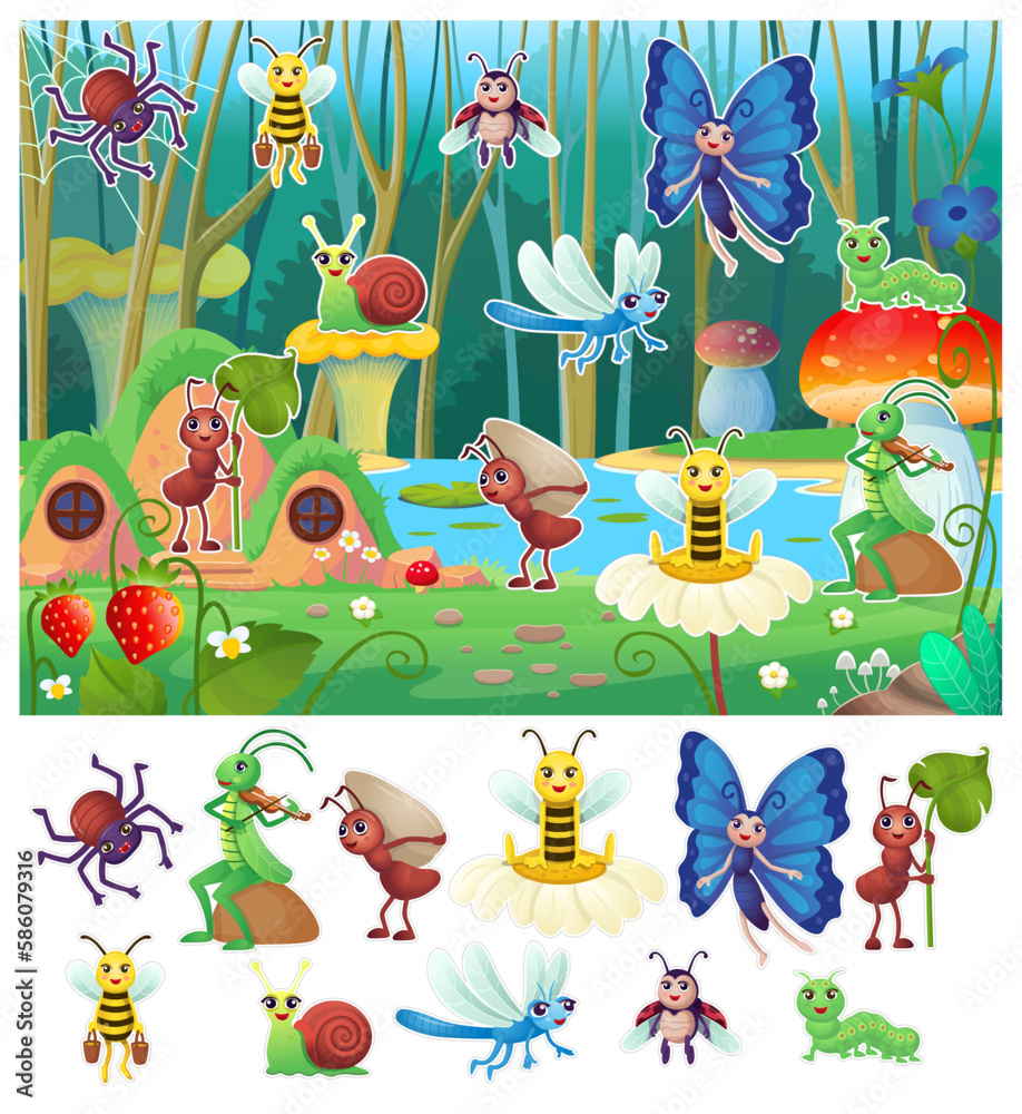 Play set for kids insects in the forest. Cartoon sticker insects. Play ...