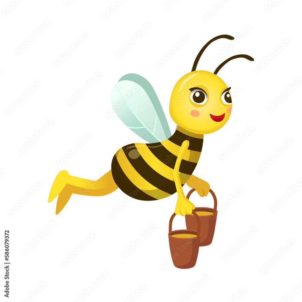 Set of funny cartoon bees. A bee sits on a flower. Bees carry nectar ...