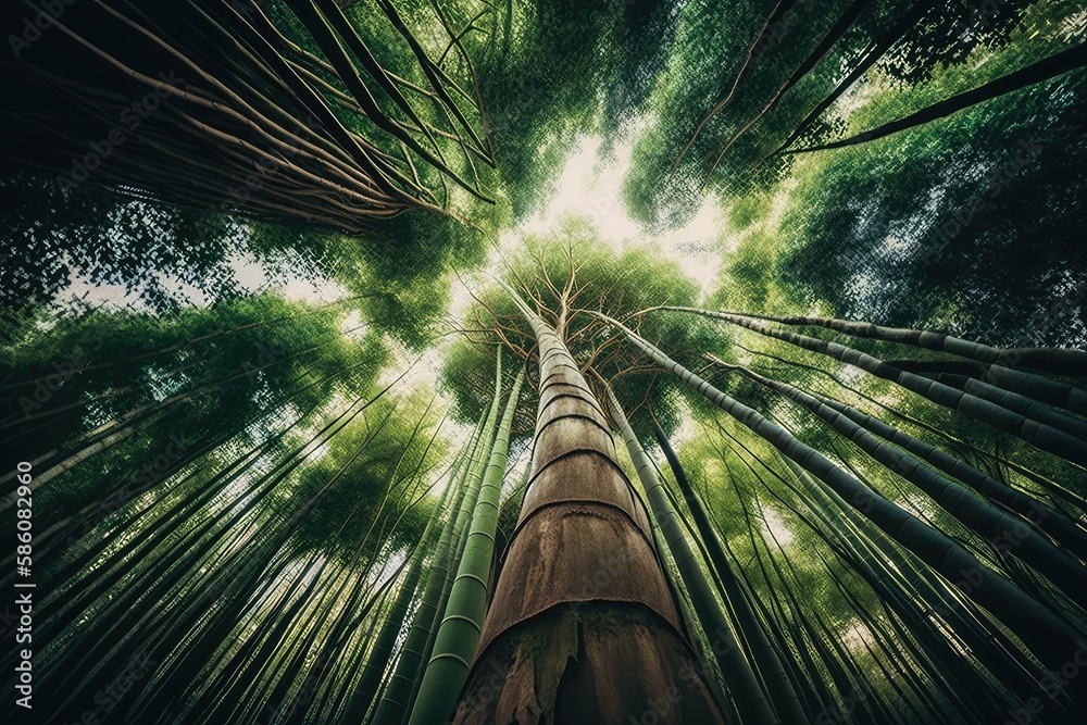 giant bamboo tree towering over lesser trees and plants, created with ...