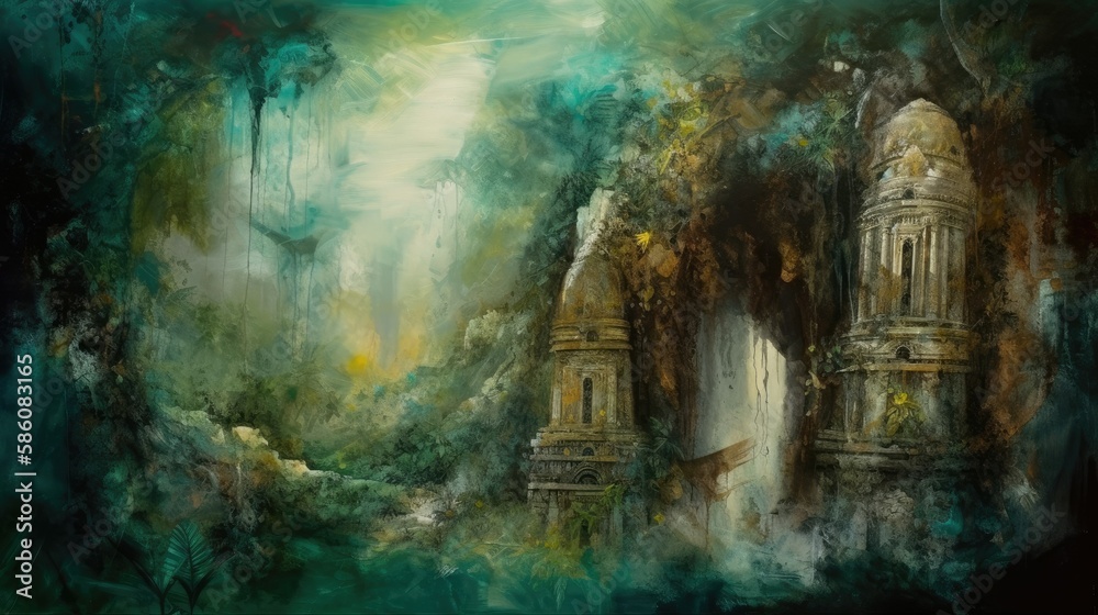 A mystical and mysterious place with ancient ruins, hidden caves, and ...