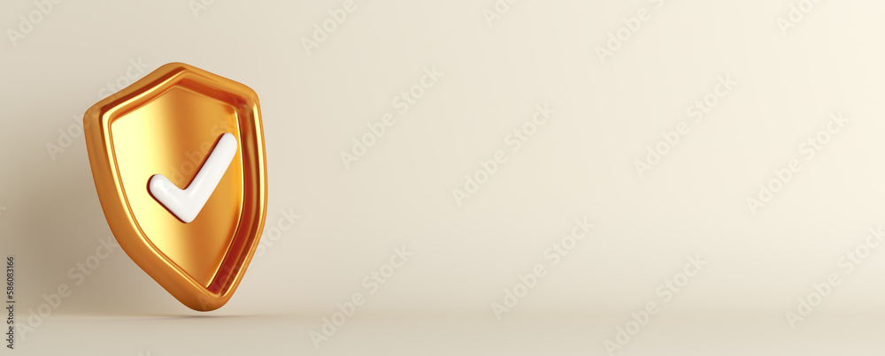 Gold shield with check mark, secured protection concept, copy space ...