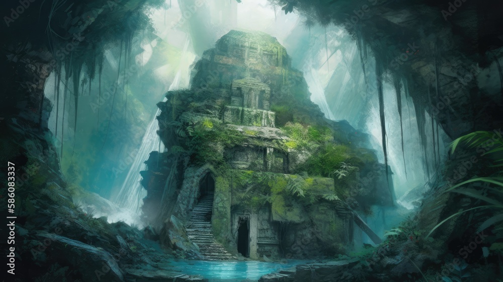 A mystical and mysterious place with ancient ruins, hidden caves, and ...