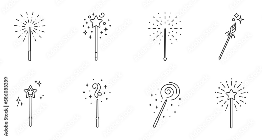 Magic wand line icon, fairy wand line art vector logo. Magic stick ...