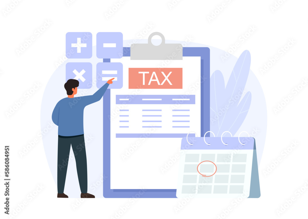Tax concept. Man calculating invoices and filling tax declaration for ...