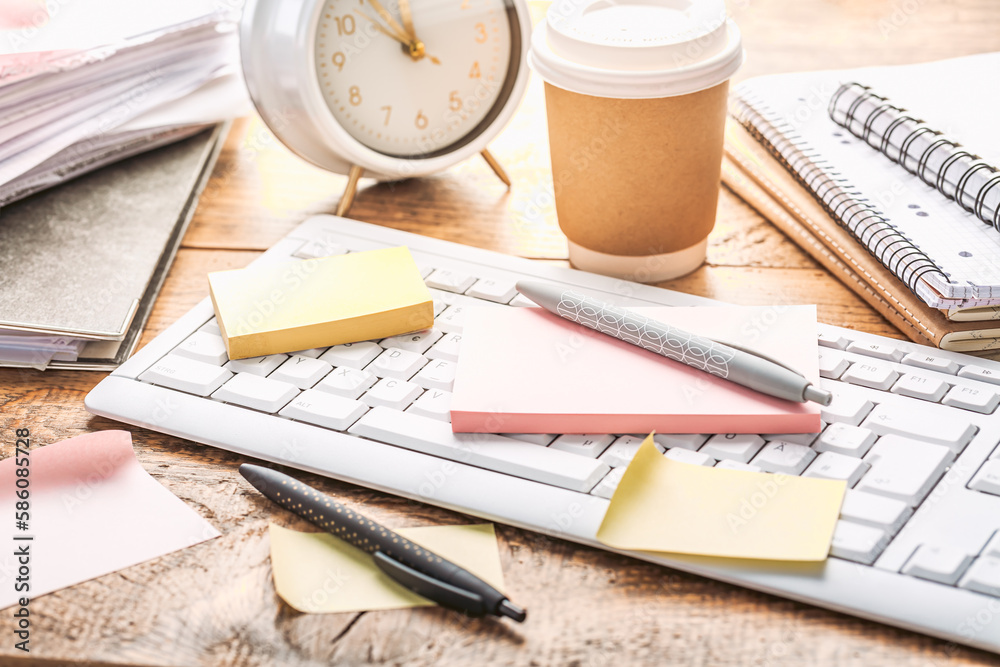Time management concept. Composition with alarm clock on wooden table ...