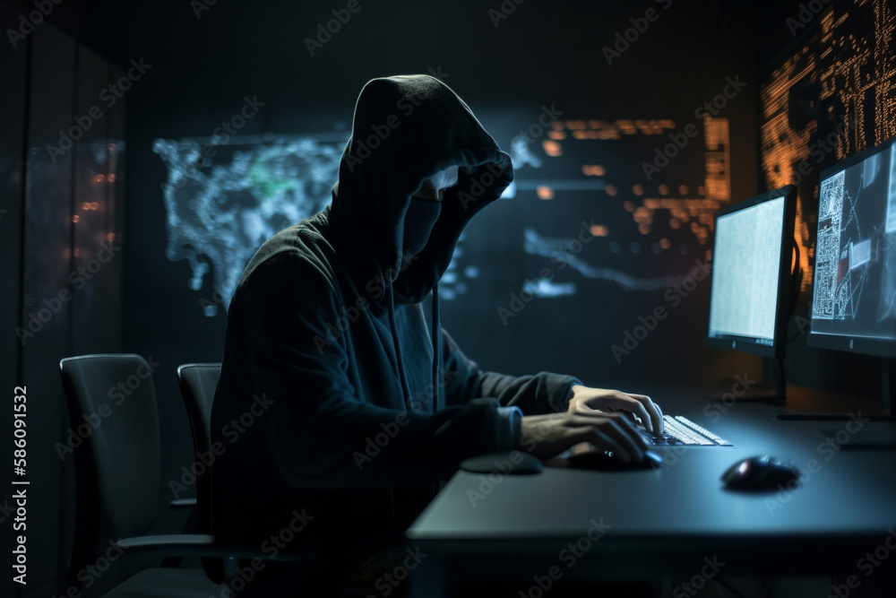 Hacker dressed in a hoodie, sitting in a dark room surrounded by ...