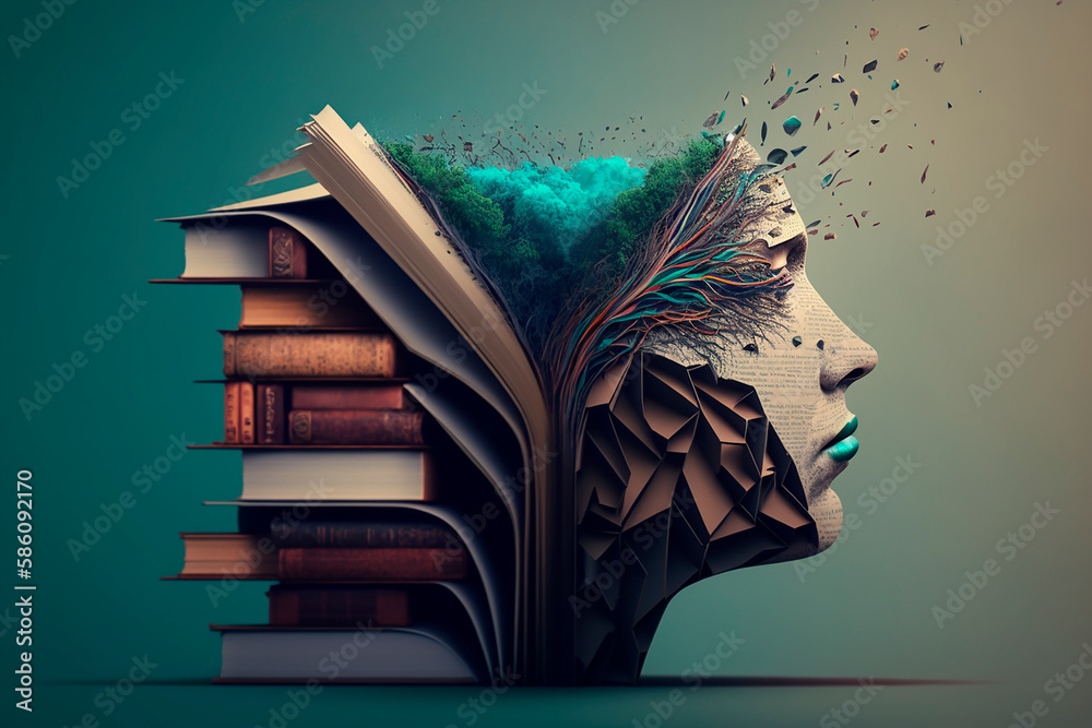 A tranquil portrait of a beautiful brooding woman effect of books ...
