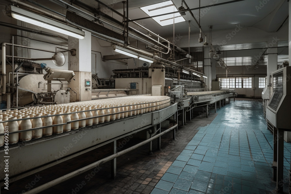 Scene from a milk factory, where milk bottles are moving along a ...