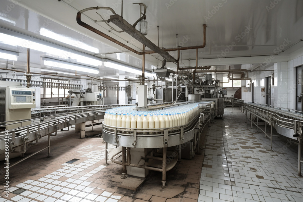 Scene from a milk factory, where milk bottles are moving along a ...