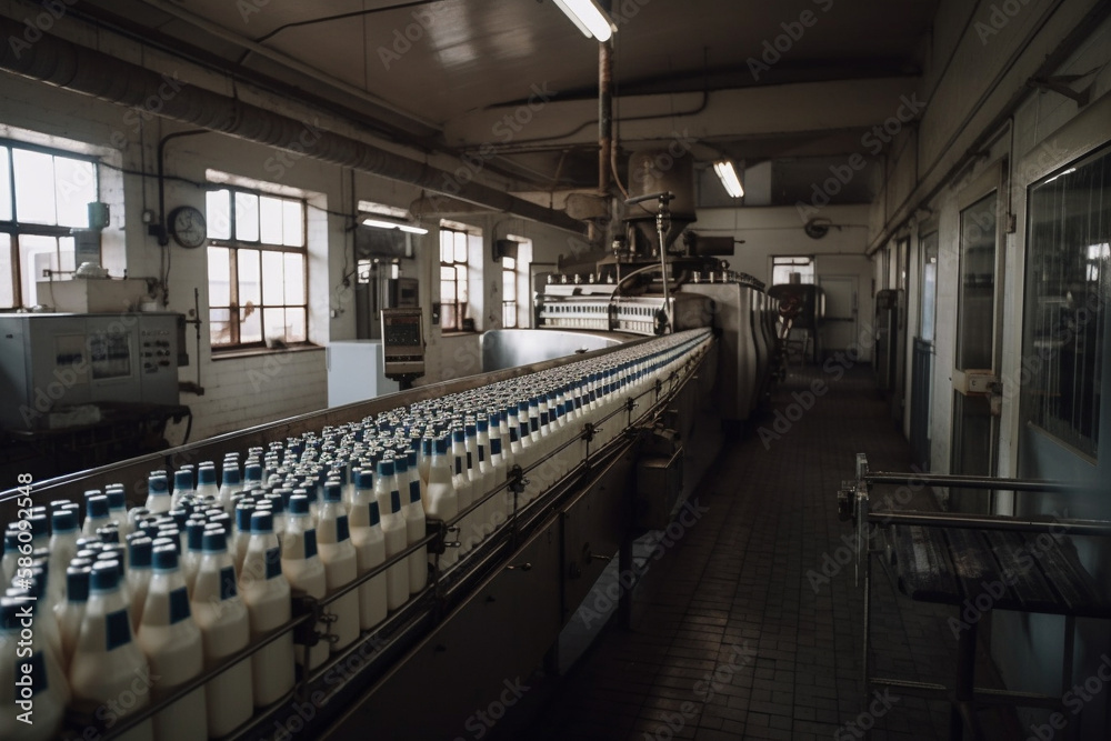 Scene from a milk factory, where milk bottles are moving along a ...