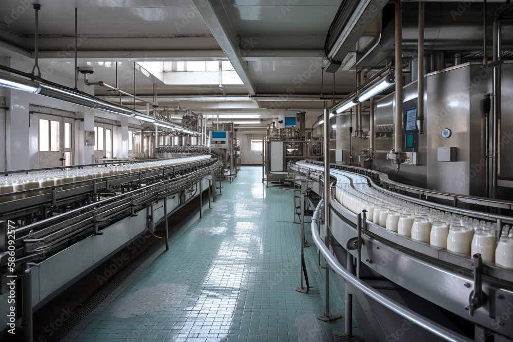 Scene from a milk factory, where milk bottles are moving along a ...