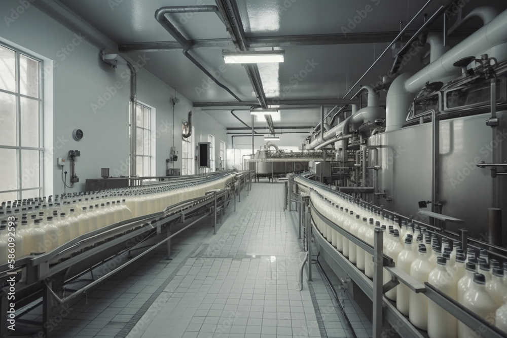 Scene from a milk factory, where milk bottles are moving along a ...