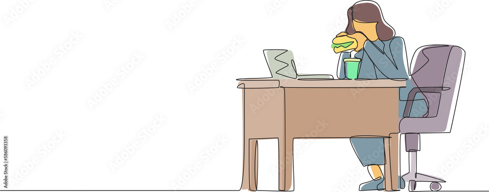 Continuous one line drawing fat obese woman using laptop eating burger ...
