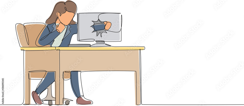 Single continuous line drawing angry businesswoman breaks her laptop ...