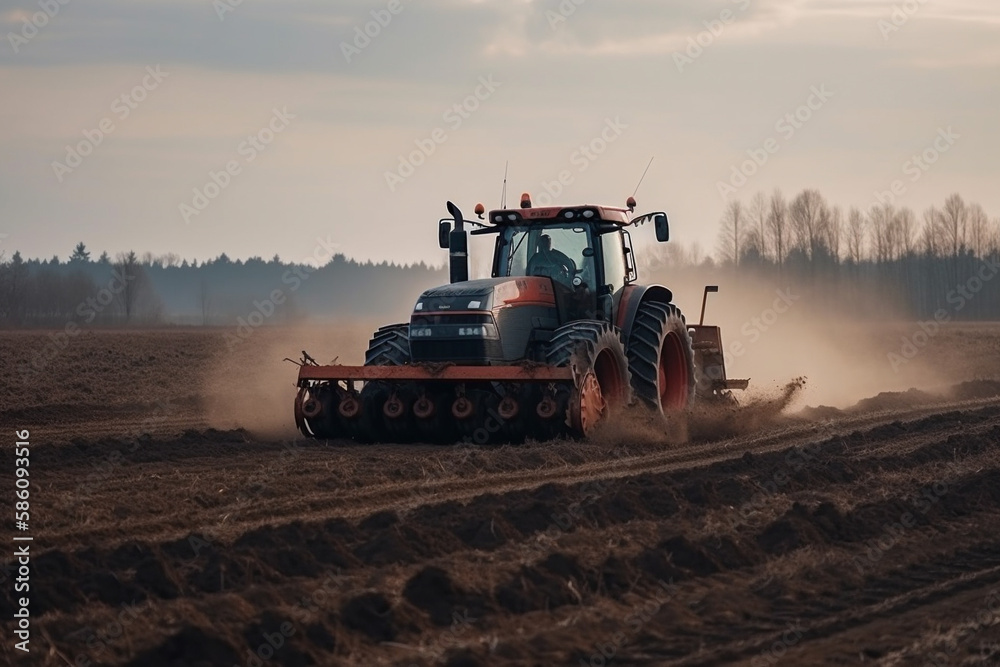 Tractor driving across large field making special beds for sowing seeds ...