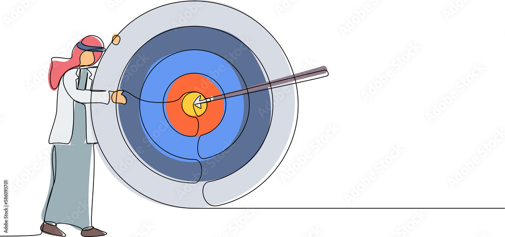 Single continuous line drawing Arab businessman hugs and stands next to ...