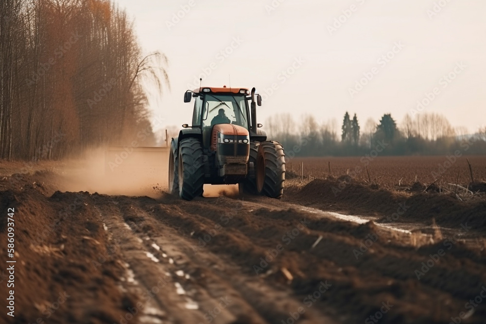Tractor driving across large field making special beds for sowing seeds ...