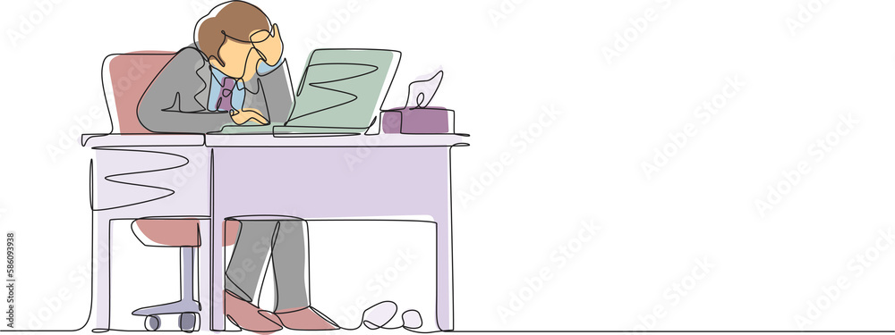 Single continuous line drawing male employee crying while wiping tears ...