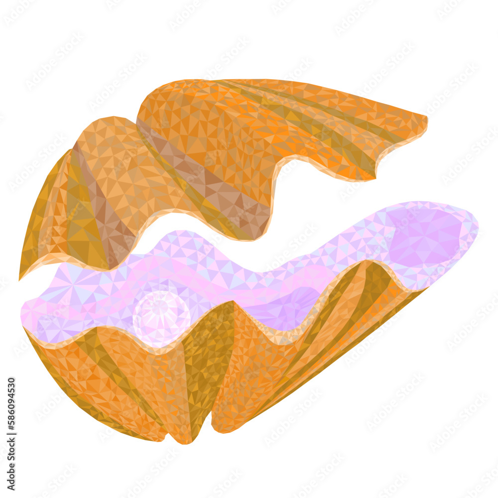 Shell Tridacna gigas and pearls marine life polygons on a white ...