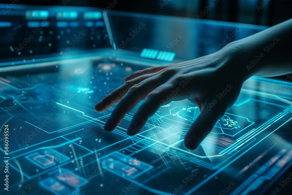 This illustration features a hand next to a futuristic touch screen ...