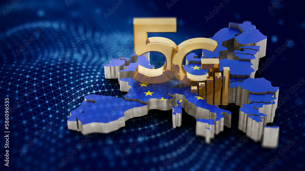 5G text on Europe map covered with European Union flag. 3D illustration ...