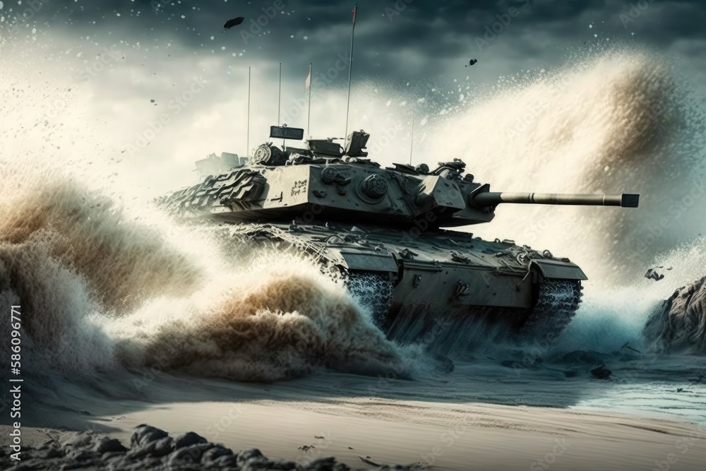 battle tank storming beach, ready to take on enemy forces, created with ...