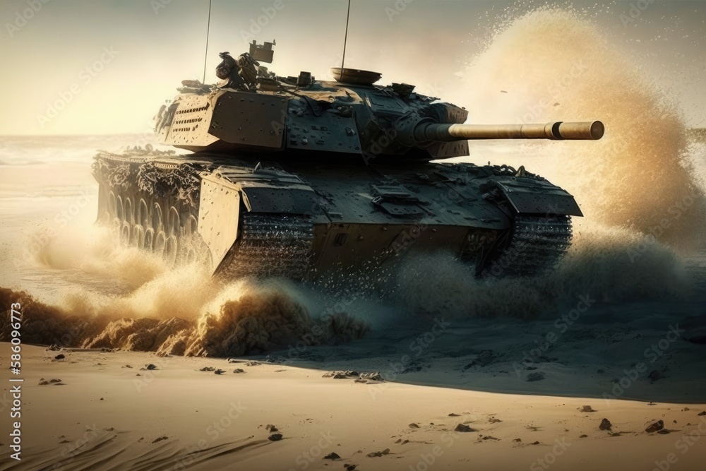battle tank storming beach, ready to take on enemy forces, created with ...