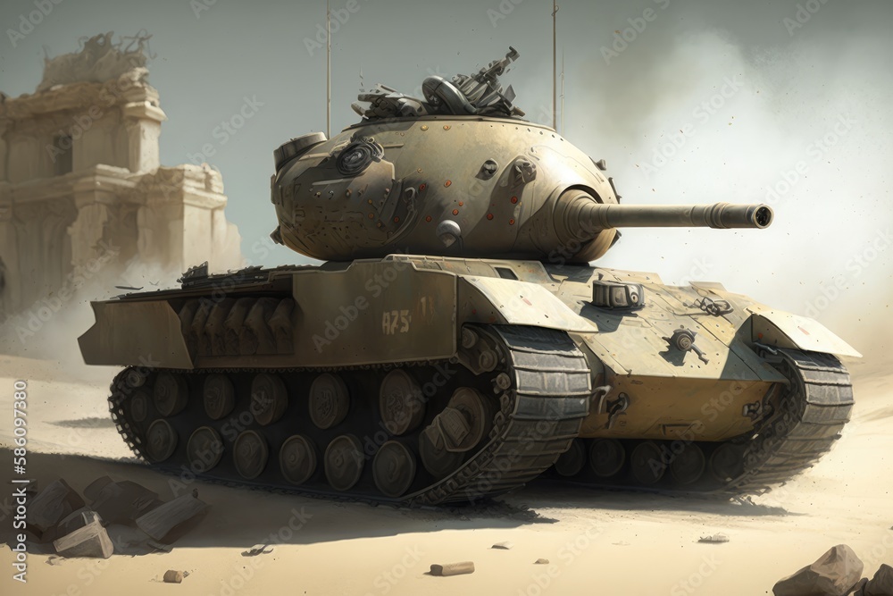 tank, swiveling its turret to aim at enemy tanks in the distance ...