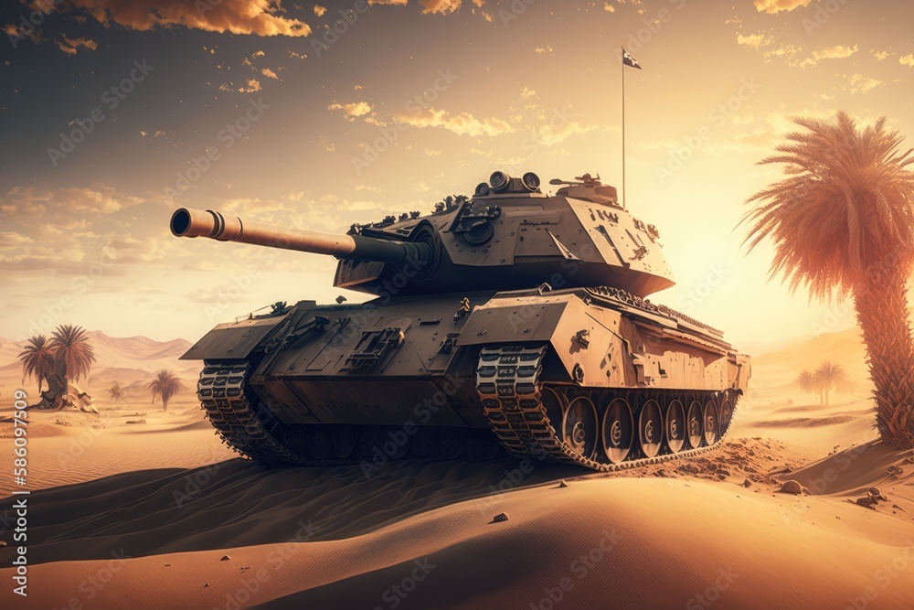 battle tank in desert, with the sun beating down and sand dunes in the ...