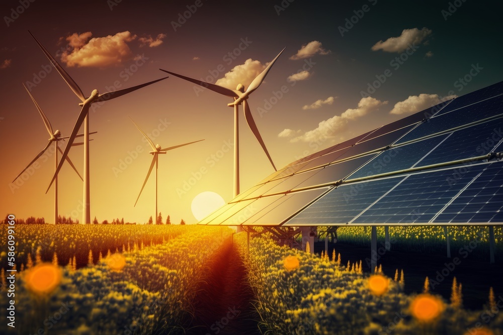 Eco-friendly power generation with wind turbines and solar, generative ...