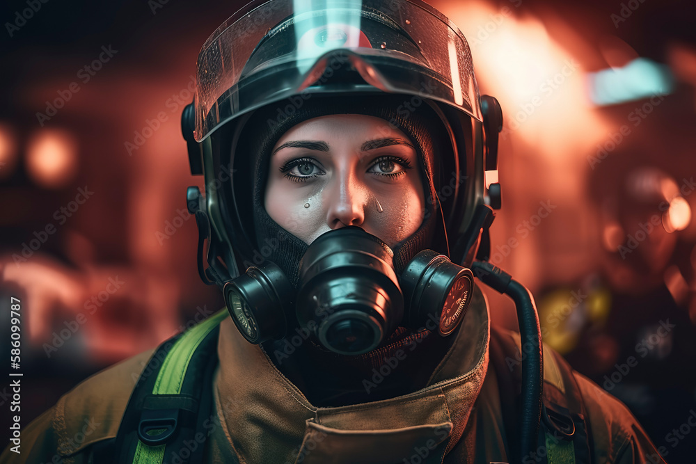 Dedicated firewoman on duty, captured in portrait with gas mask, helmet ...