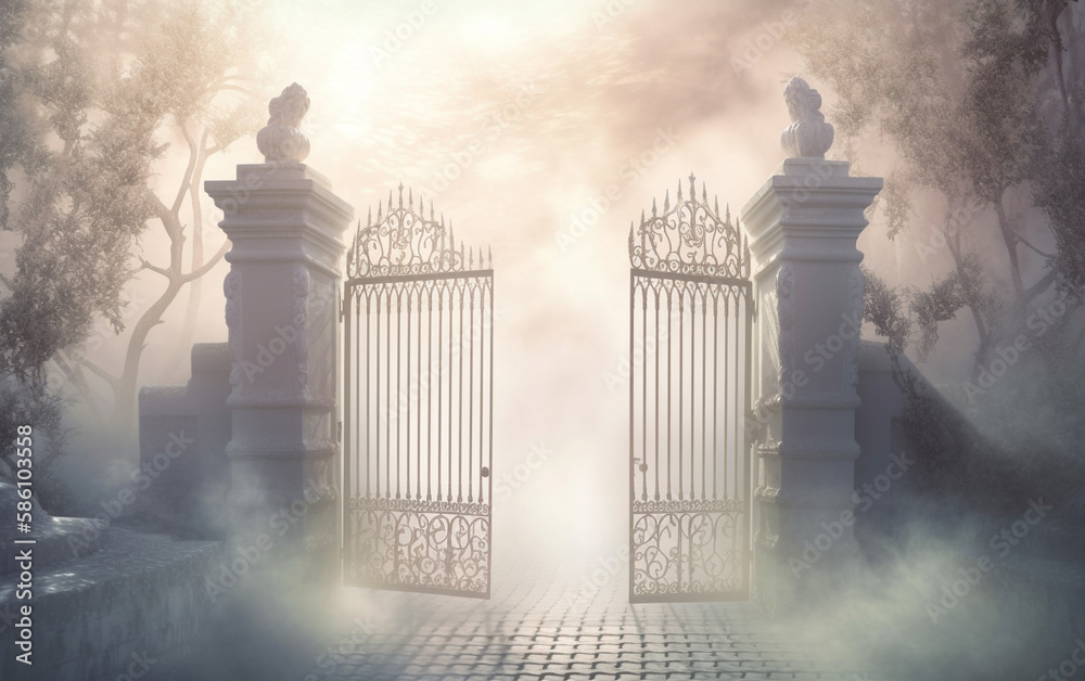Heaven's gate, represented as a silver gate with a shining ahead ...
