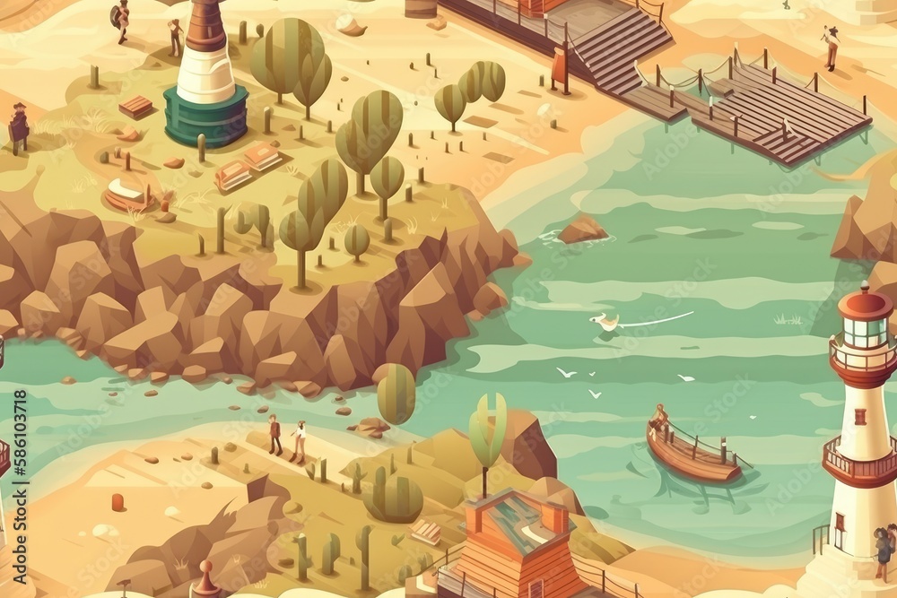 Isometric Illustrated Cartoon Cityscape Town Village Seamless Repeating ...