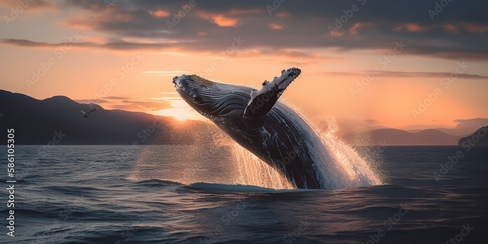 The mighty tail of a humpback whale rises, casting water spray over the ...